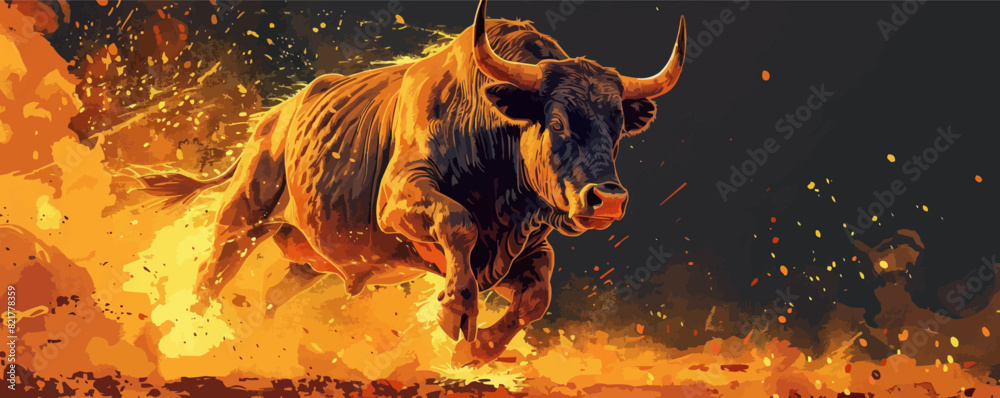 Angry bull running in fire hand drawn sketch Vector illustration Stock ...