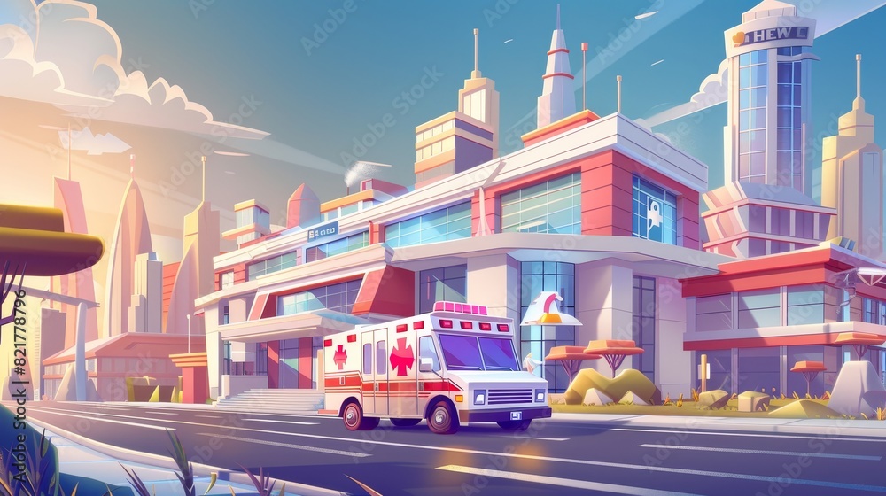 An infographic of hospital buildings with an ambulance car and ...