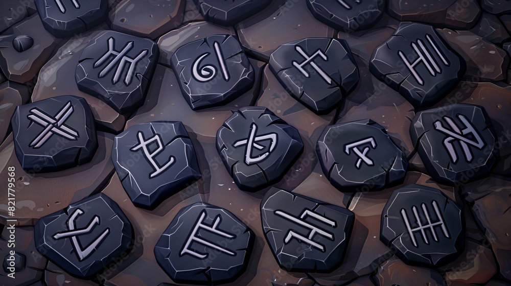 ภาพประกอบสต็อก Runes engraved on black stone pieces, nordic old ...