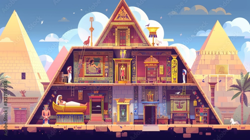 Modern infographic with symbols of Egyptian culture. Pyramid interior ...