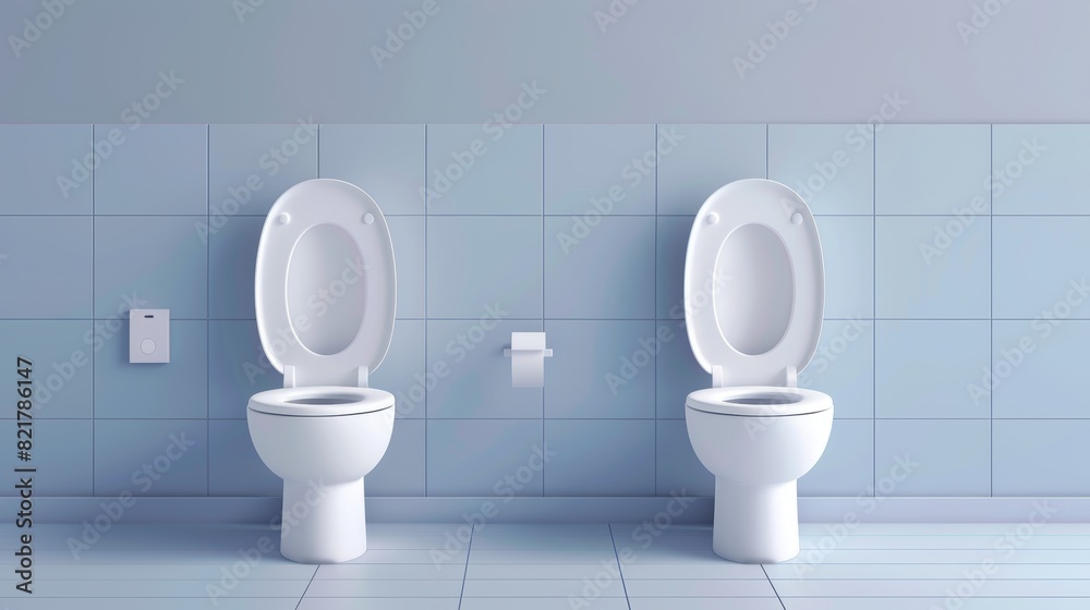 White ceramic WC toilet bowls suspended on wall. Modern realistic ...