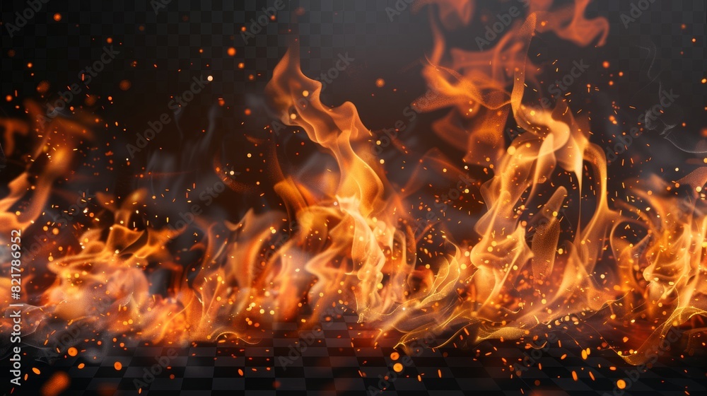 Mockup of glowing fiery wall with sparks and ember particles isolated ...