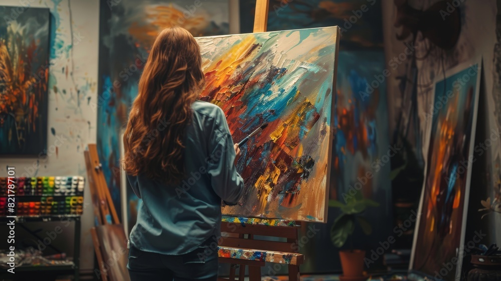 The dark and messy creative setting where the large canvas stands on ...