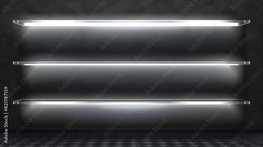 In this realistic 3D modern image, gray wooden shelves with backlight ...