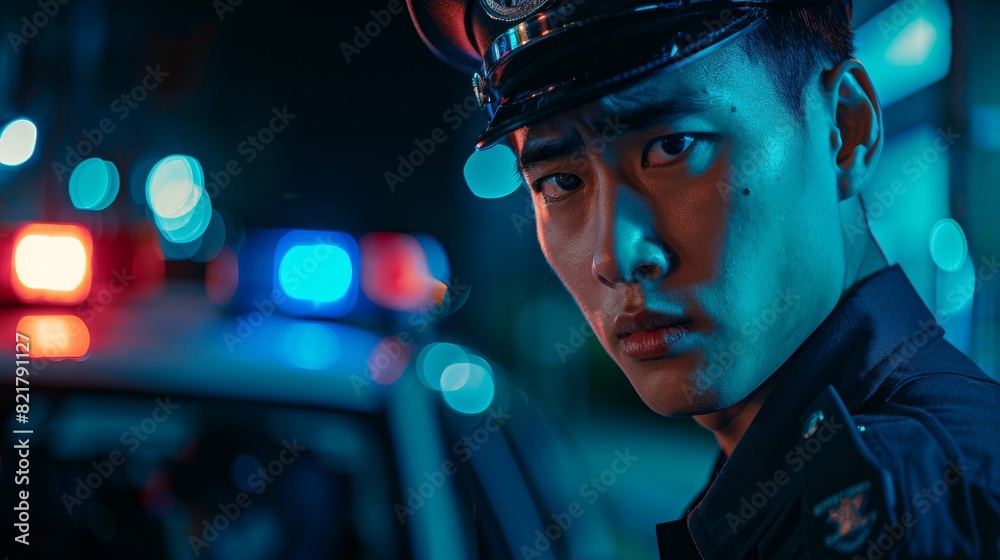 The heroic pose of a young Asian male police officer posing under Siren ...