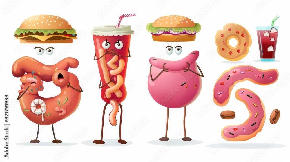 Character with sad stomach with fast food. Human digestive system ...