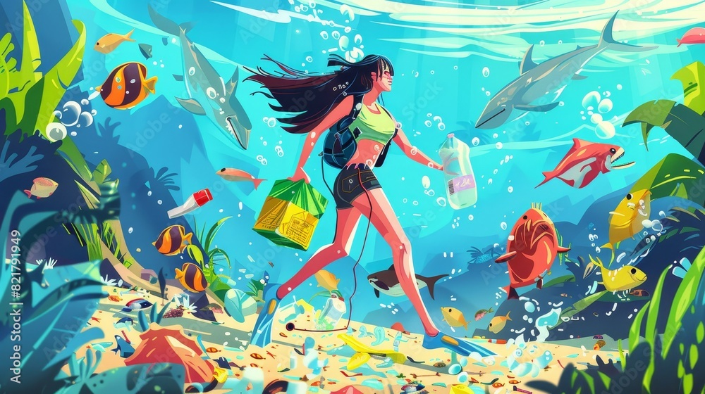 Modern illustration of plastic trash floating on the ocean surface. The ...
