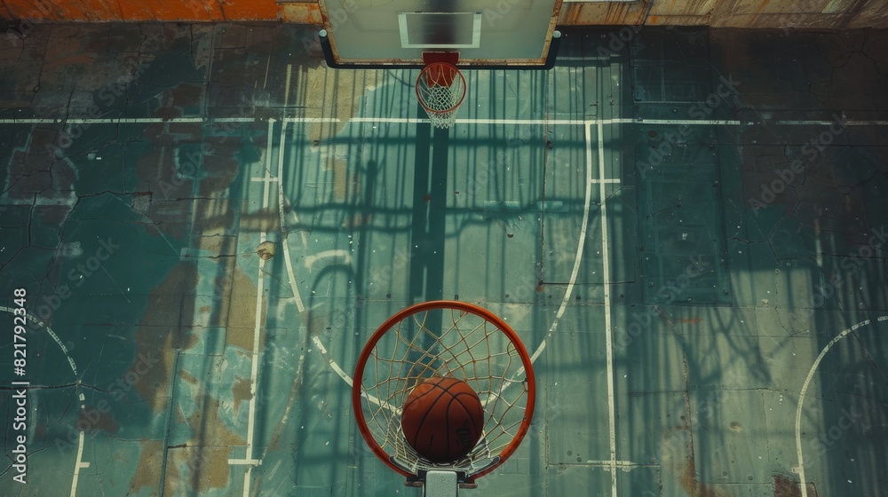 Shot from above of a basketball ball going through a hoop on a ...