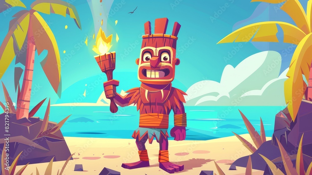 Illustration of a tiki man with a torch on a tropical island, an ...
