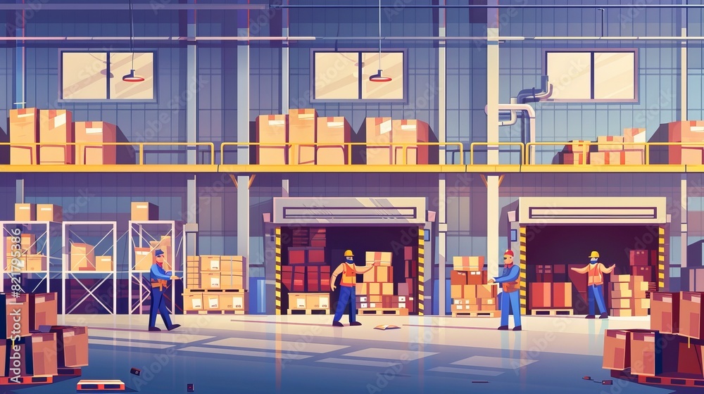 Stockroom with workers on shelves, cardboard boxes on pallets and ...