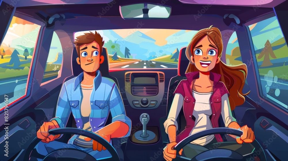 A modern banner of education and test for driver's license with cartoon ...