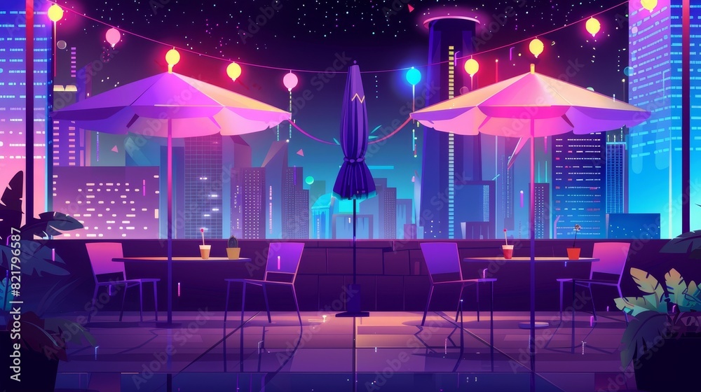 Street cafe at night with layers for 2D game animation. Under umbrella ...