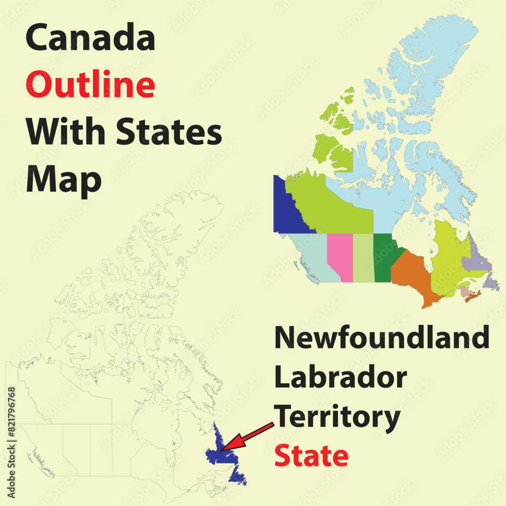 Newfoundland Labrador, state, map, outline, canada, vector, canada ...