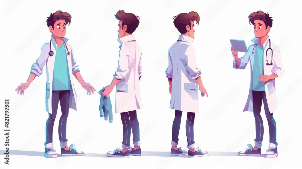 The doctor is working in the hospital front, side, and rear views ...