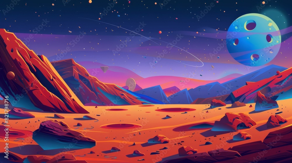 Landscape of an alien planet with a desert and big moon at night with ...