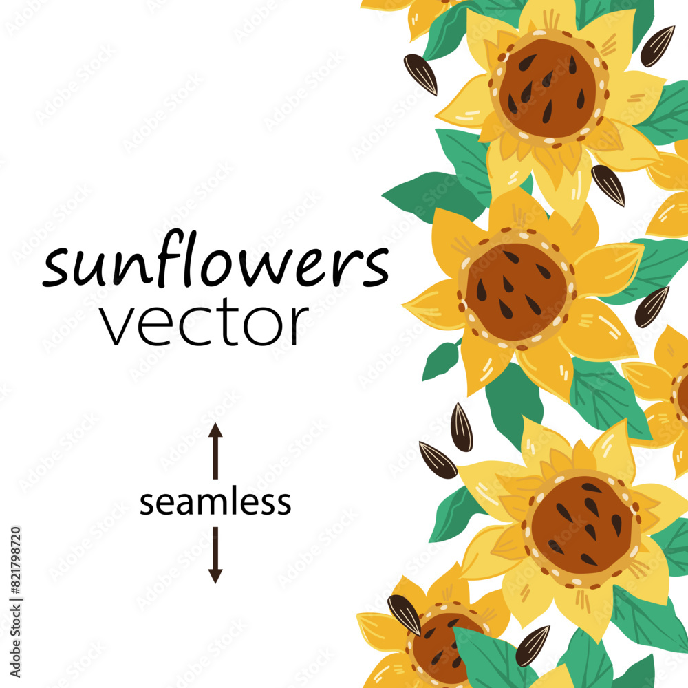 Sunflower card or label with seamless border design. Sunflower vertical ...