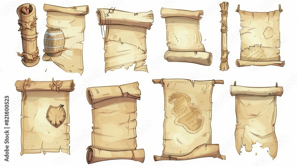 Animated modern illustration of parchment scrolls, antique papyrus rolls, blank paper banners ...