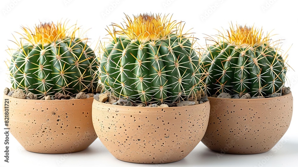Three golden barrel cacti in ceramic pots. The cacti are all in focus ...