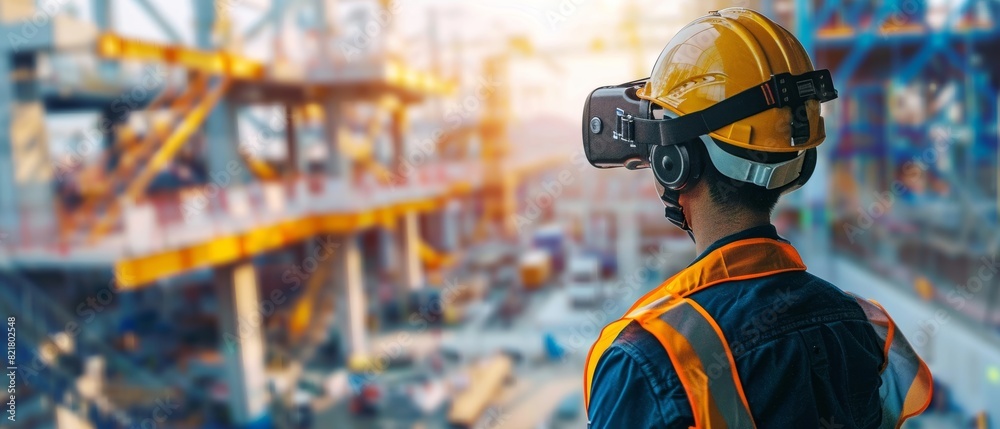 Engineer wearing a VR headset at a construction site, exploring virtual ...