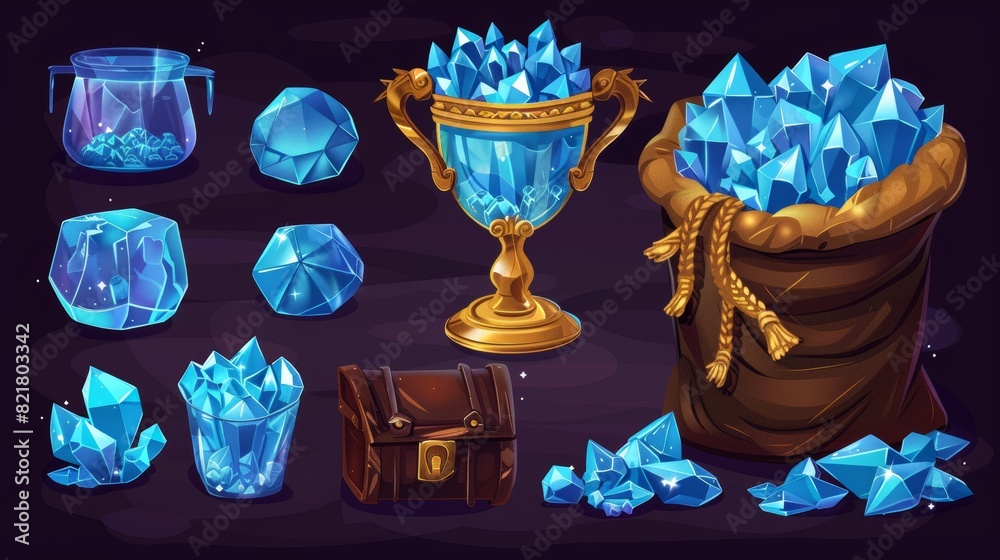 There are piles of blue gemstones in bags, golden cups, deposit boxes ...