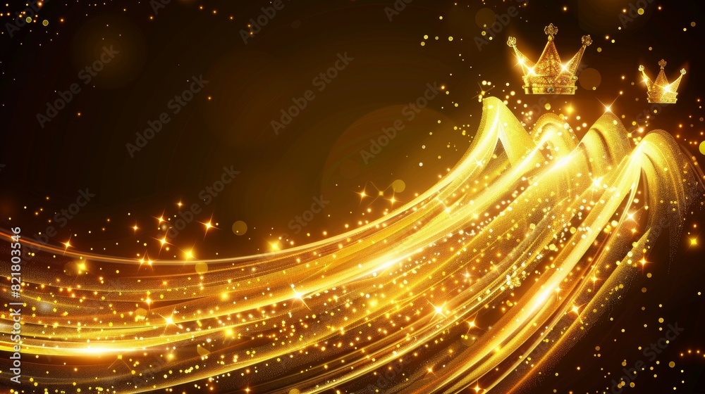 Golden light trail with shining signs, flying royal symbols, and gold ...