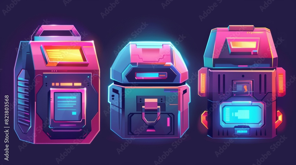 Futuristic game boxes, futuristic technology chests. Icons of sci-fi ...