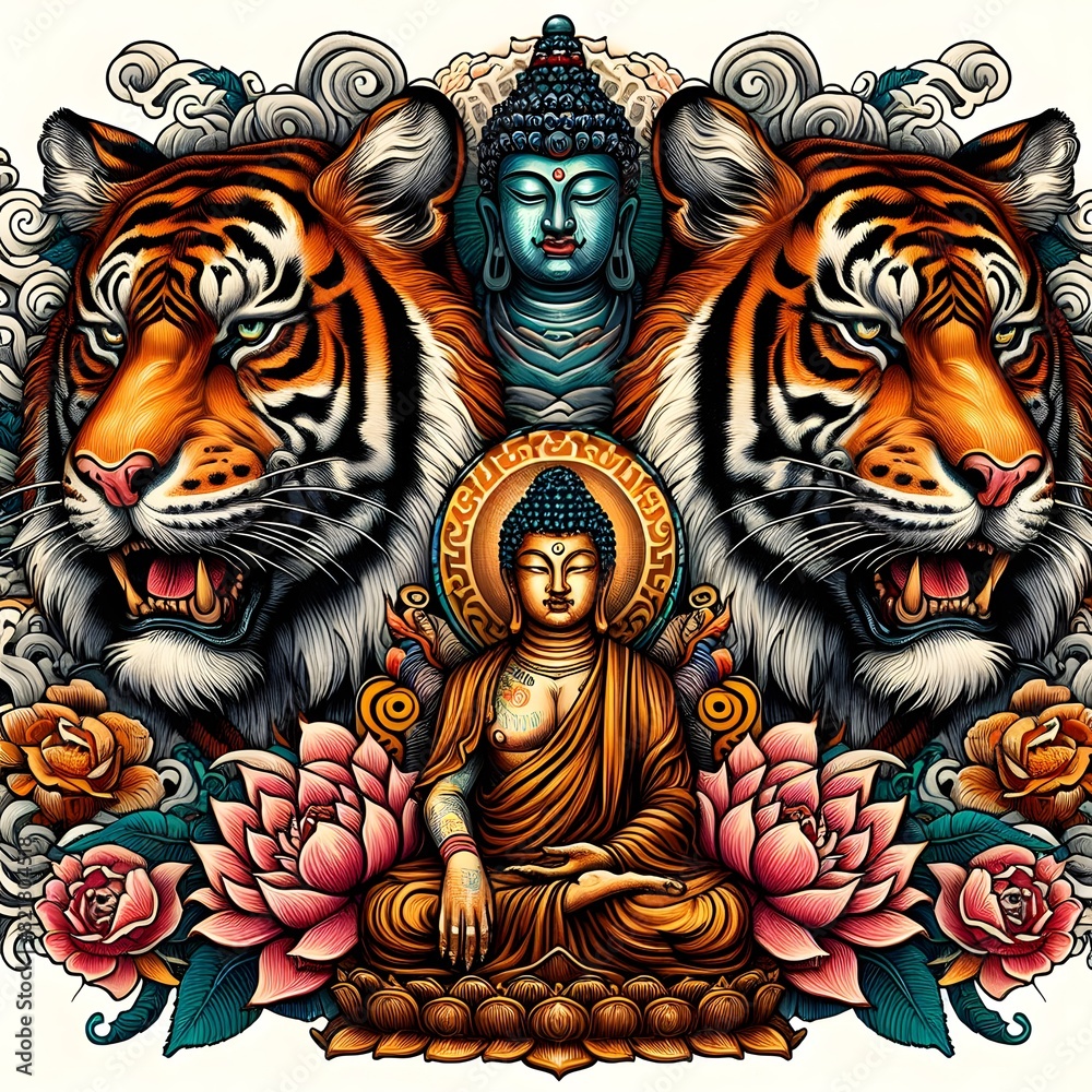 Fancy tiger, Buddha statue, beautiful line drawing Brutal Japanese ...