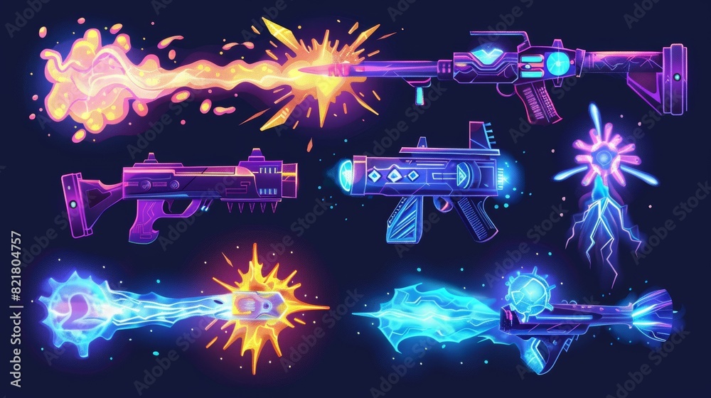 ภาพประกอบสต็อก Animated cartoon of colorful laser gun and explosion ...