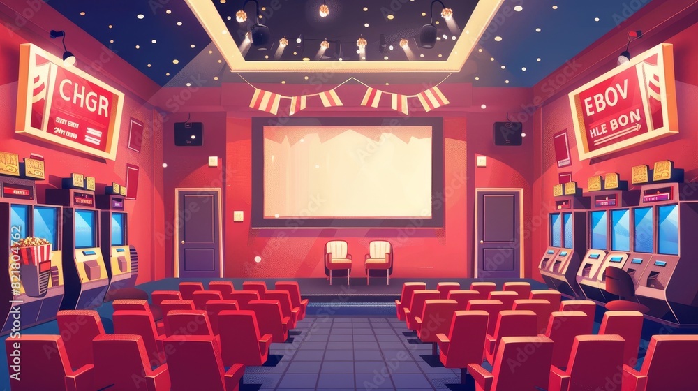 Interior design of a cinema box office with a large red room, movie ...