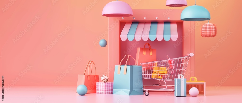 Colorful shopping concept with a pink storefront, shopping bags, and a ...