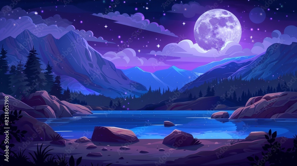 Modern cartoon illustration of a night scene with a lake, mountains, a ...