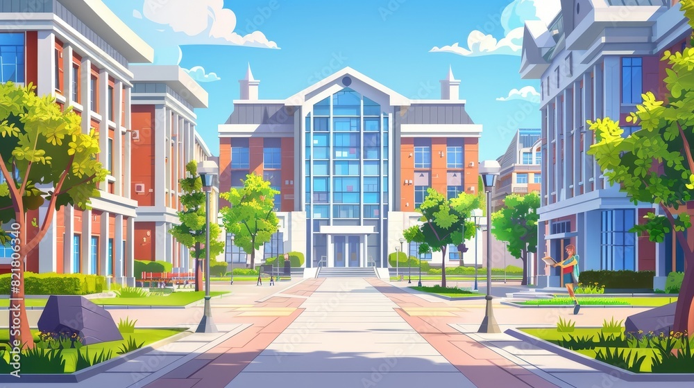 ภาพประกอบสต็อก In this modern background, a school building is on a ...