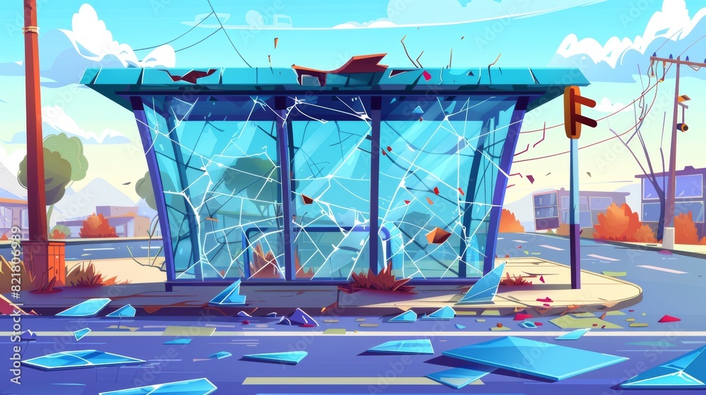 Broken, abandoned city bus stop with cracked cartoon background. Modern ...