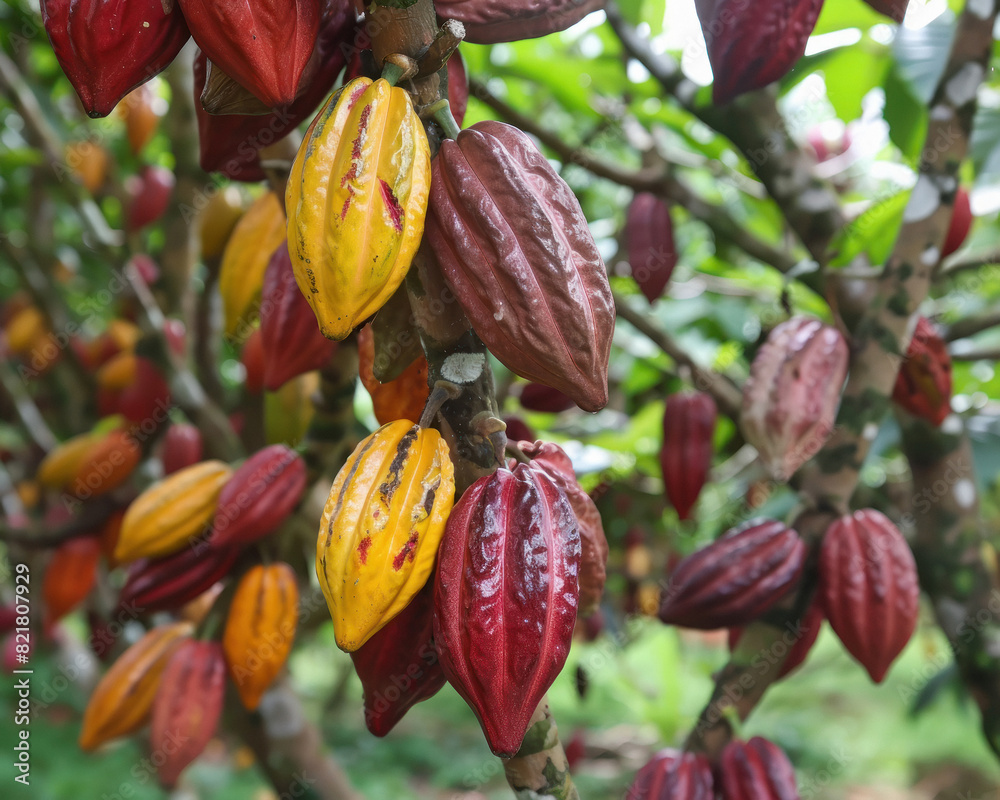 Cacao trees with a nice weather and fresh wind. The cacao trees are ...