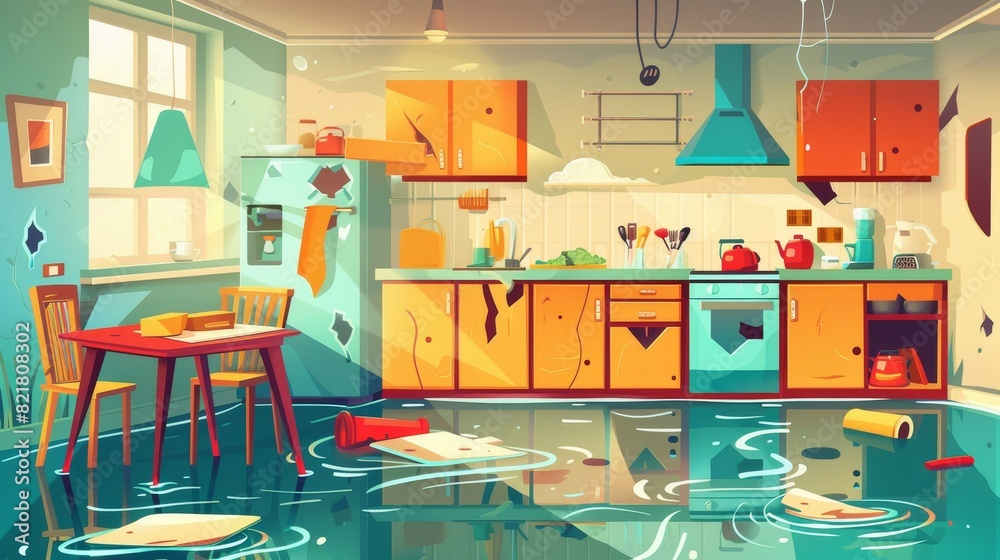 This cartoon illustration shows a flood of water in the kitchen from a ...