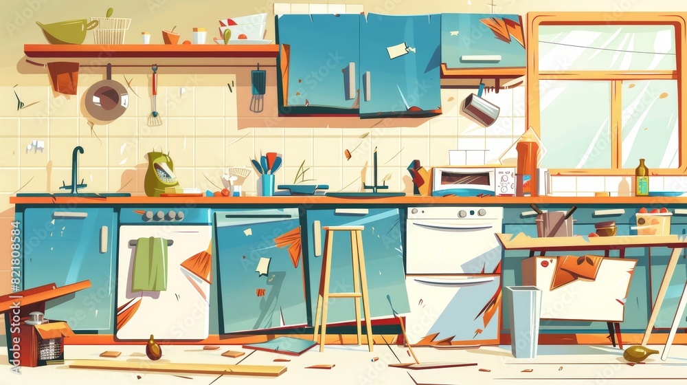 This cartoon illustration shows a messy kitchen interior with dirty ...