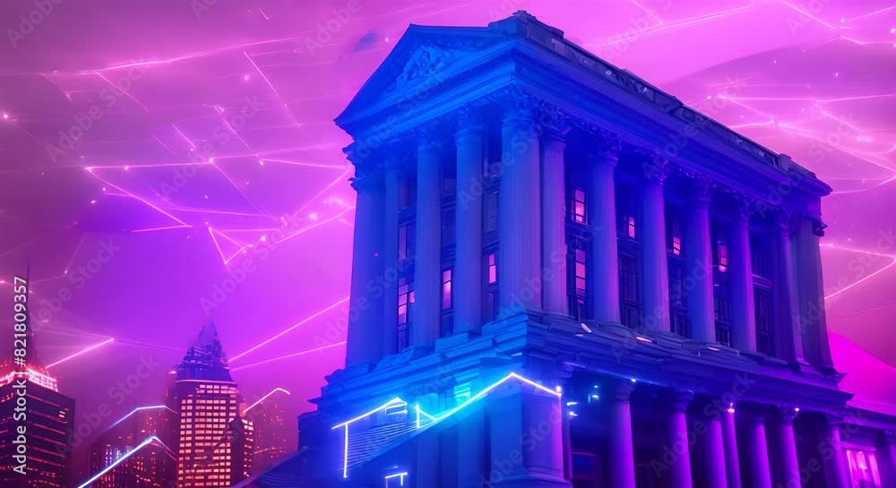 Neoclassical bank building in neonlit virtual cityscape symbolizes ...