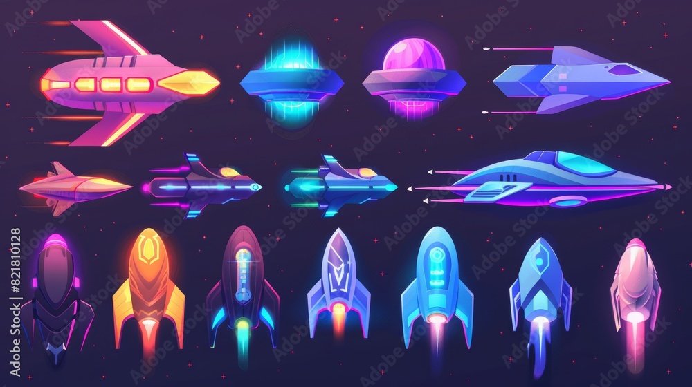 Alien UFO UI game modern cartoon set. Fantasy galaxy icon and cosmic ...
