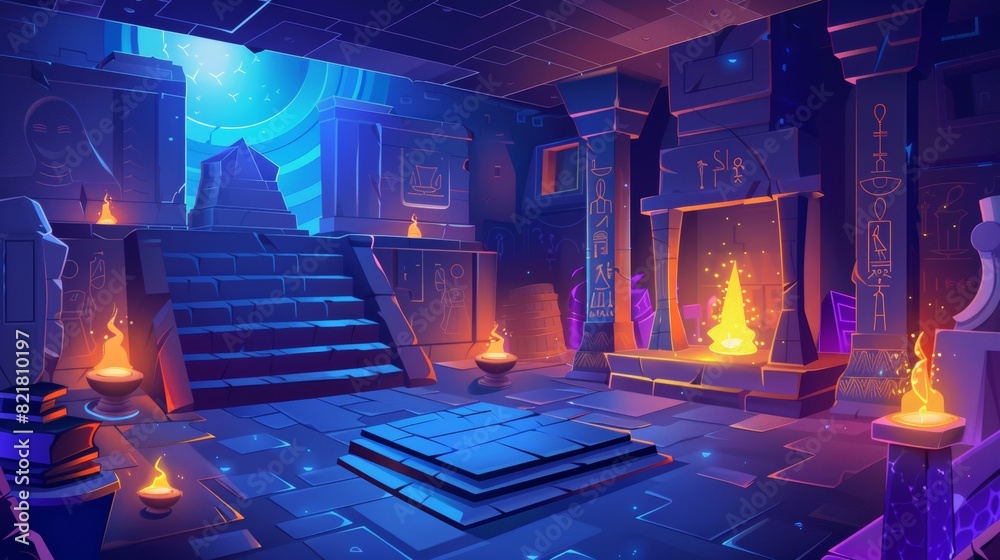 Temple of ancient Egypt with treasure, tomb, and sarcophagus. Night ...