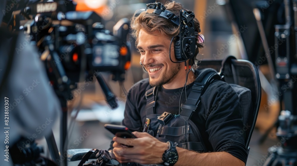 A smiling actor in a motion capture suit and head rig using his ...