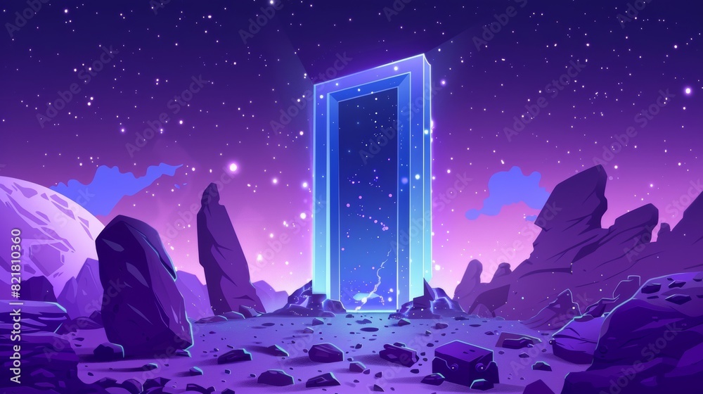 Cartoon game interface with glowing mysterious entrance to parallel ...