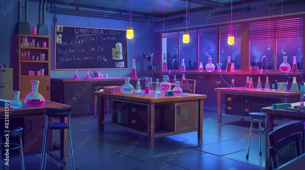 Under the moonlight, a cartoon night chemistry classroom interior features lab supplies and ...