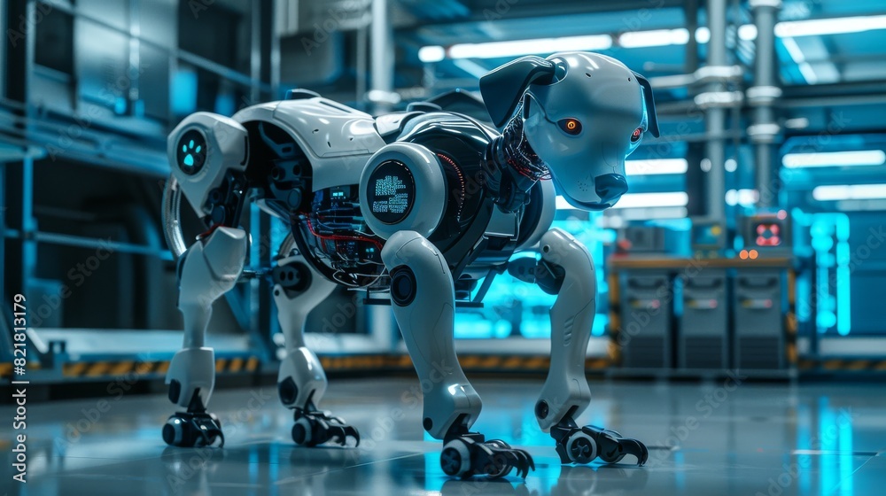 Prototype robot dog working in a high-tech industrial facility. The ...