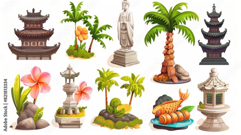 The symbols of Jeju Island are isolated on white background. They ...