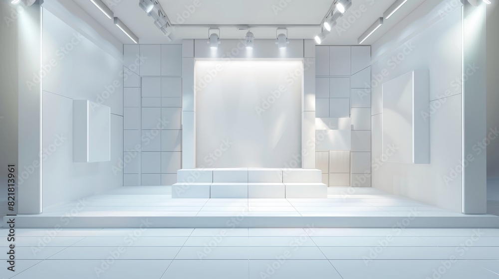 Mockup of a booth stand with walls, floor, platform and spotlights ...