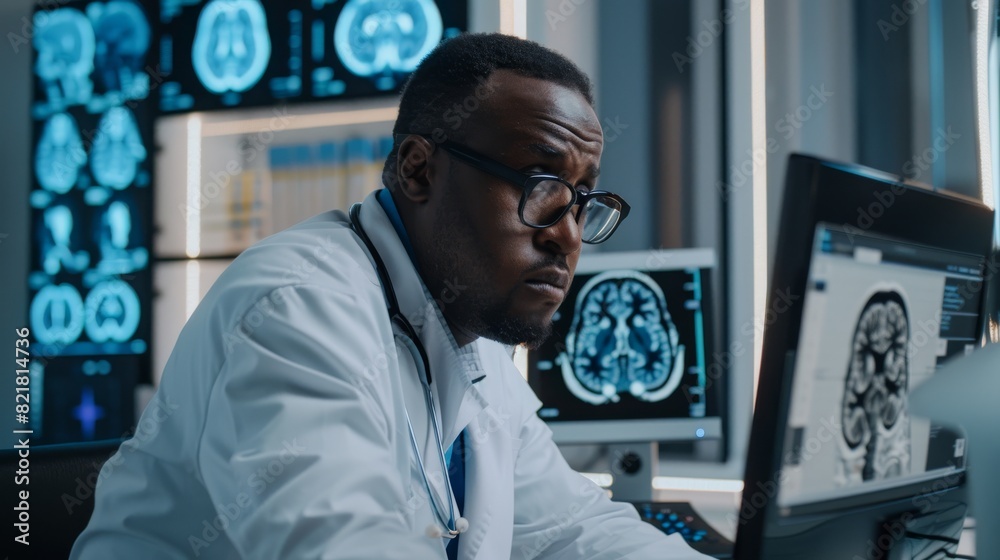 The black neuroscientist uses a desktop computer to analyze MRI scans ...