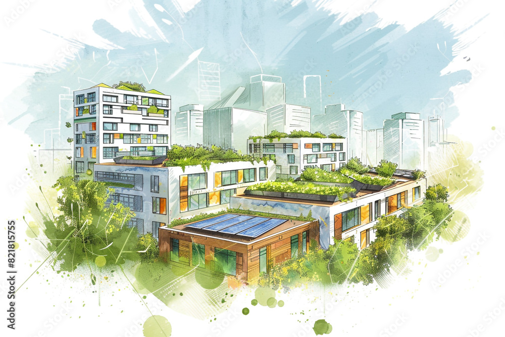 Sketch of sustainable urban architecture, featuring green roofs and ...