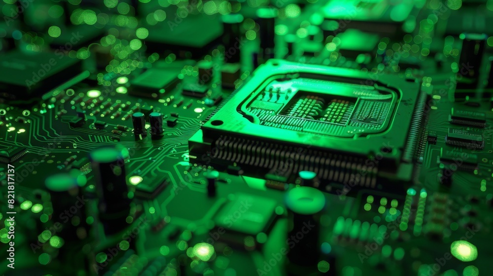 This Macro Shot Shows A Cpu Processor Socket On A Green Printed Circuit Board Or Computer