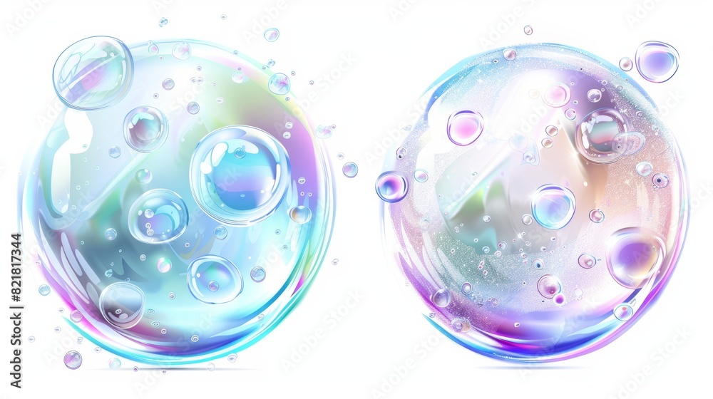 A soap bubble deformed by blowing wind, realistic modern illustrations ...