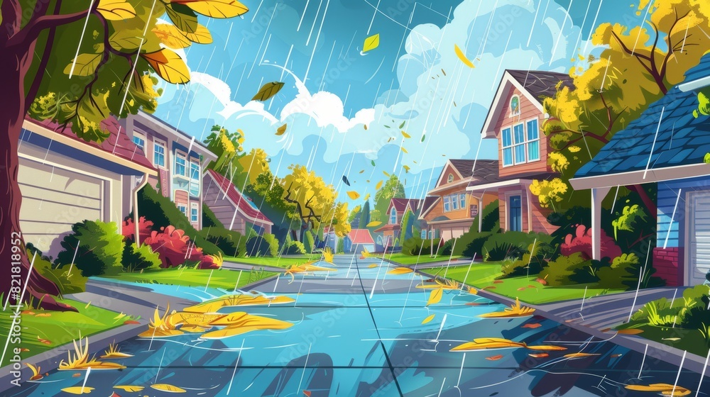 Wind and rain in suburb district with houses. Cartoon illustration of ...